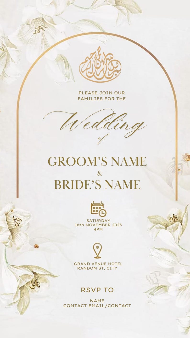 Digital Muslim Wedding Invitation Template, Gold Arch Floral Design ...