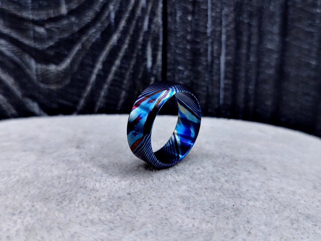 Colorful Titanium Damascus Wedding Ring: Blue Timascus Mokuti Band - Etsy