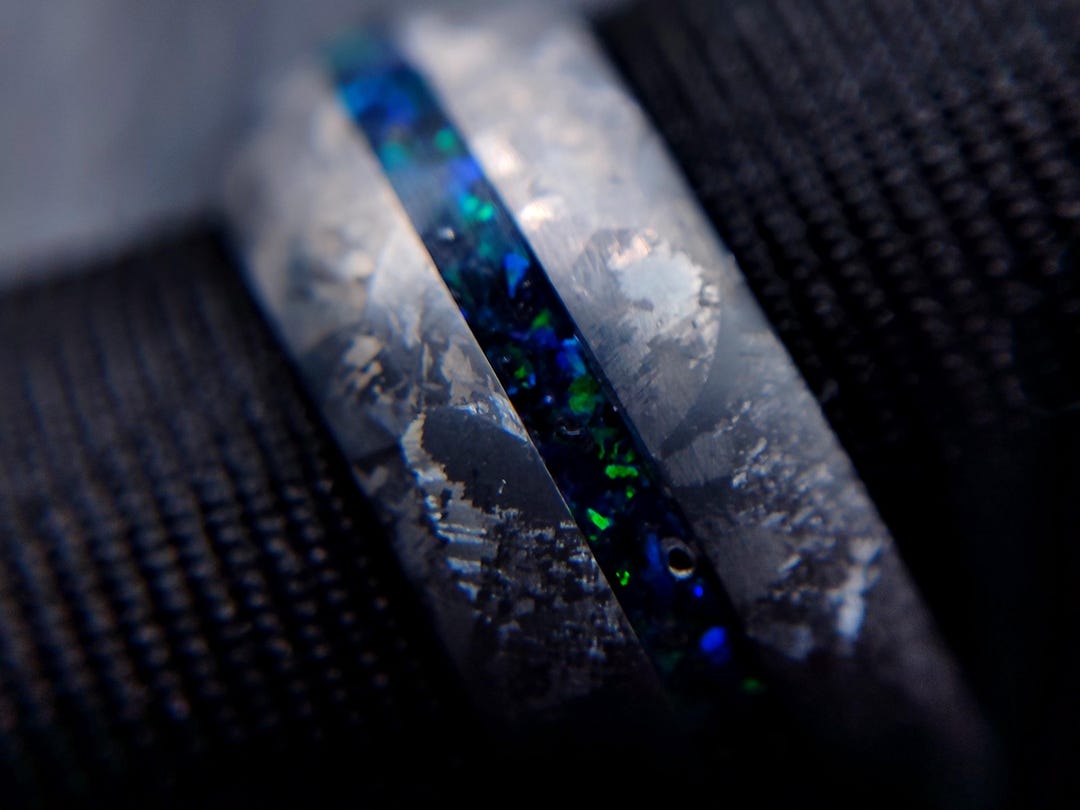 Domed Crystallized Titanium Opal Inlay Ring, Opal Wedding Ring,raw Grey ...