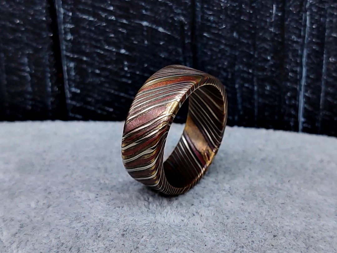 Mokume Gane Ring - Unique Copper Brass Wedding Band Exotic Woodgrain ...