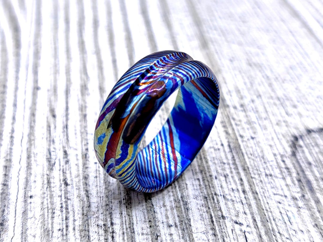 Colorful Timascus Wedding Ring: Forged Titanium Damascus Grooved Band ...