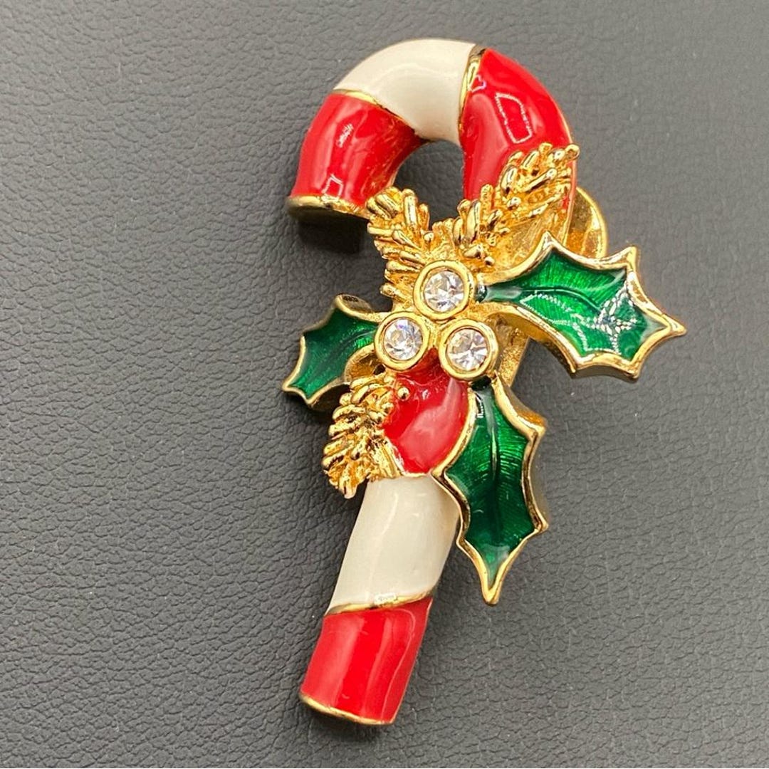 Vintage Christmas Candy Cane Tack Pin Made of Enamel and Rhinestone - Etsy