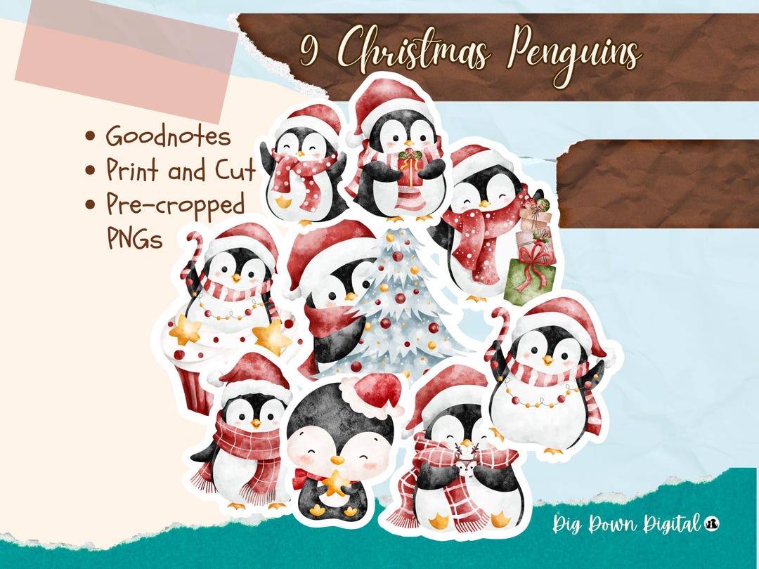 Christmas Penguins Stickers | Holiday Pngs, Print and Cut Sticker Sheet ...