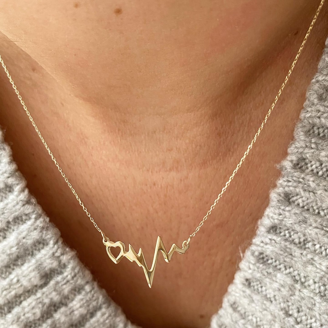14 K Solid Gold Heartbeat Necklace,gold Heart Pendant,ekg Necklace ...