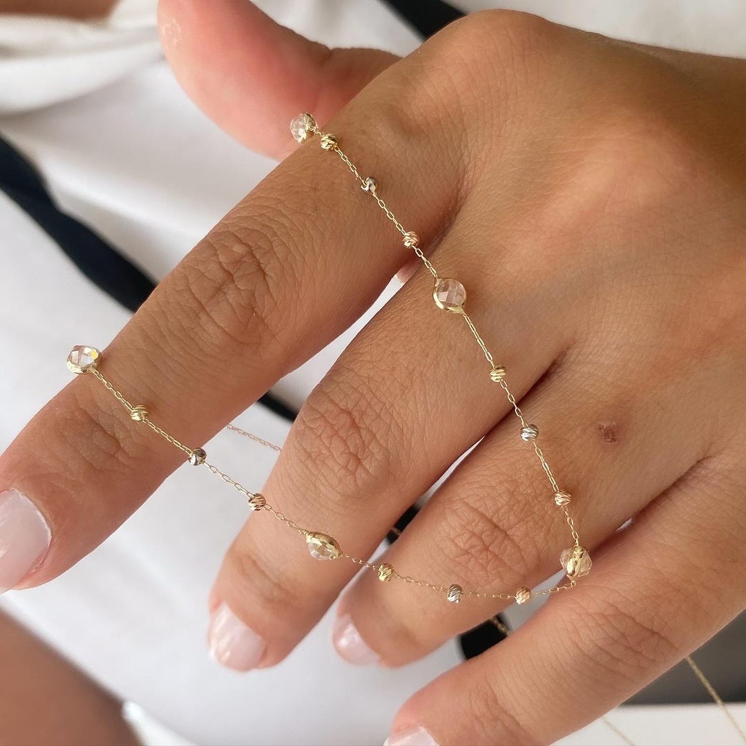 14K Solid Gold Ball Chain Necklace,white Stone Chain Necklace,tiny ...