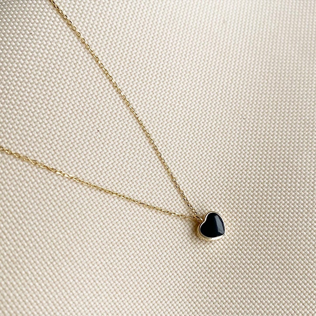 14K Solid Gold Mini Black Heart Necklace,heart Dainty Enemal Pendant ...