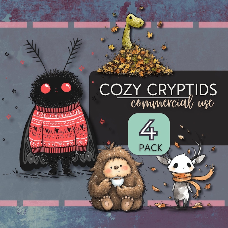 Cozy Cryptids Clipart Pack | Commercial Use, Mothman Bigfoot Nessie Wendigo, Cute Spooky Fall ...