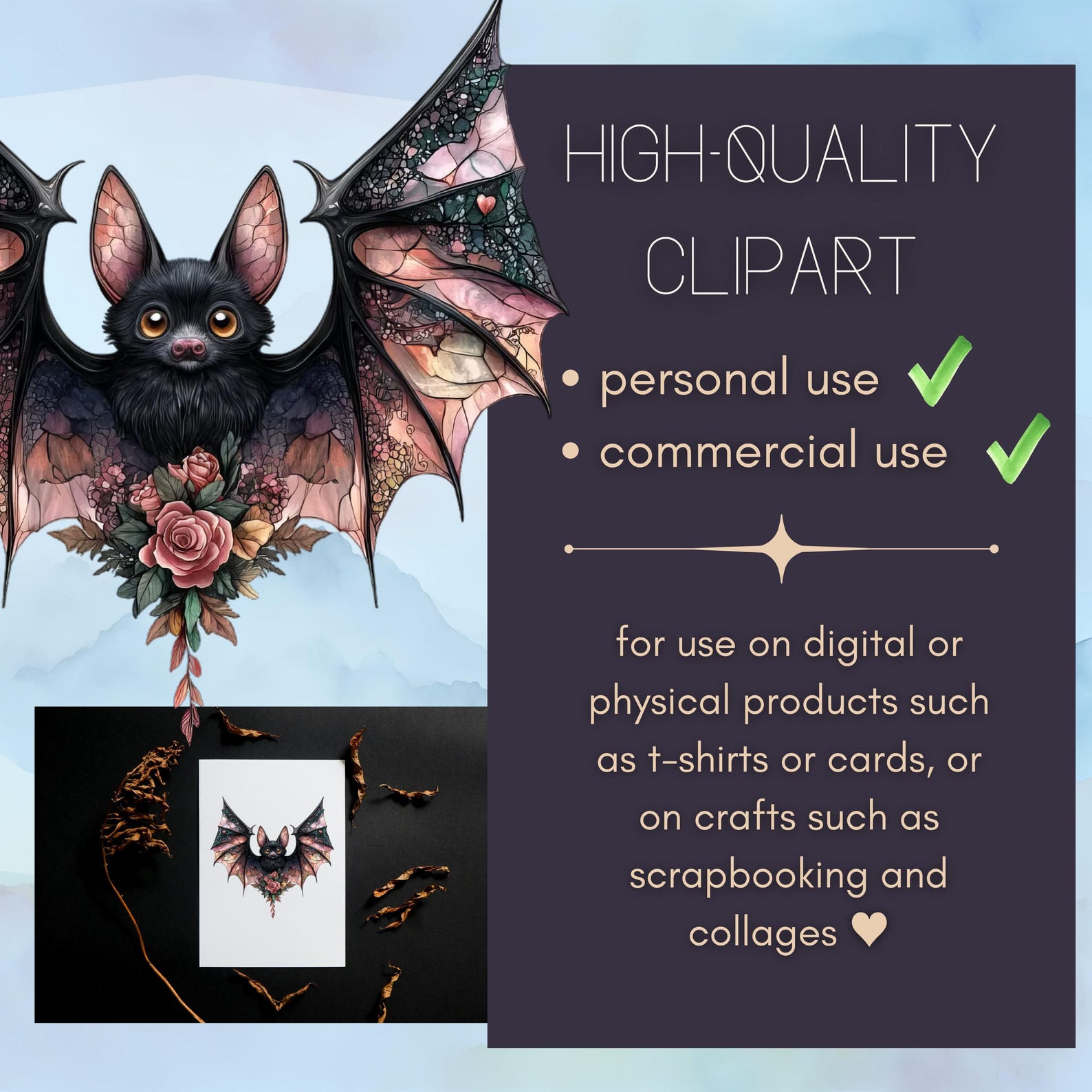 Pastel Bats Clipart | Commercial Use, Cute Gothic Dark Rainbow Animals ...