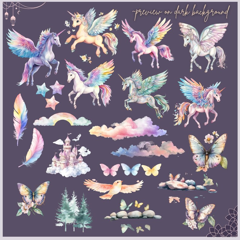 Pastel Pegasus Clipart Pack Commercial Use, Watercolor Aesthetic ...