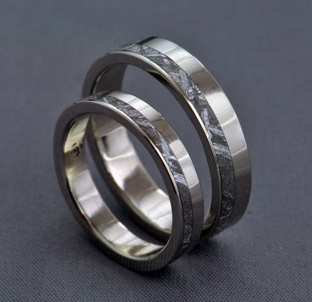 Gibeon Meteorite White Gold Wedding Ring Set - Etsy