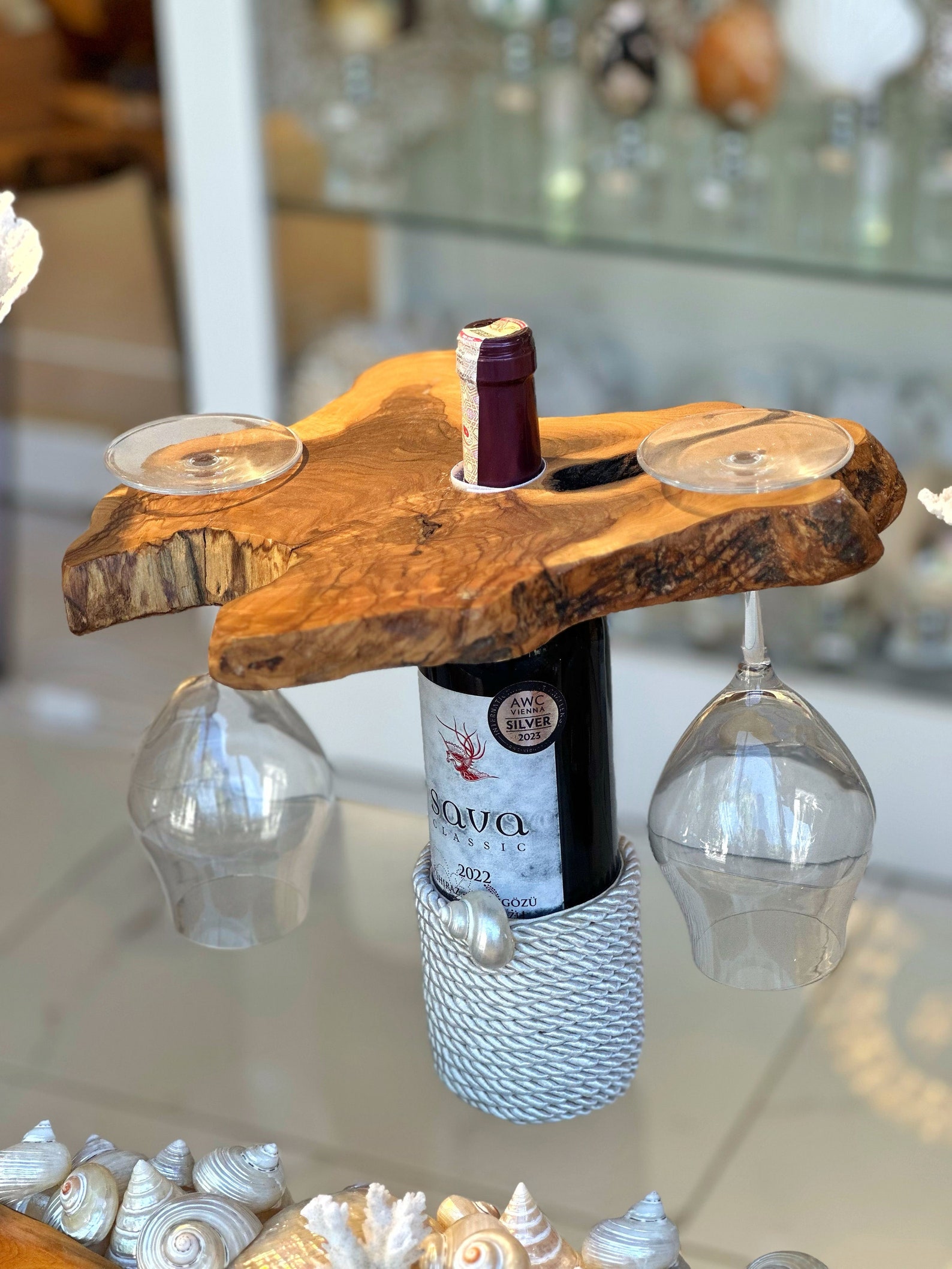 Handcrafted Wine Rack – Olive Wood With Seashell - Etsy