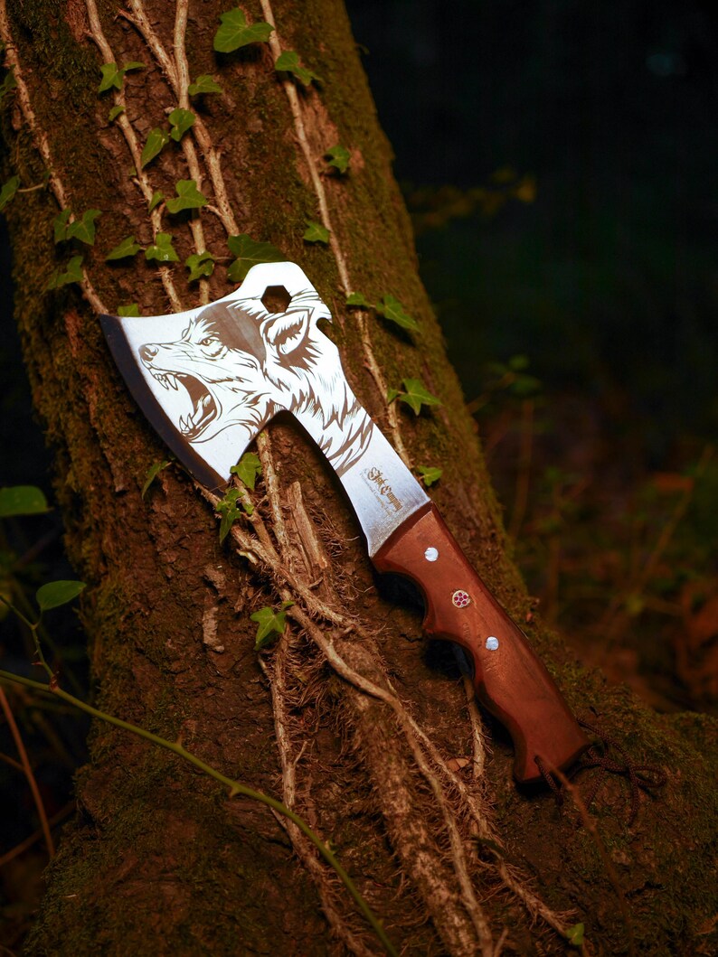 Handcrafted Wolf Engraved Camping Axe, Custom Wood Handle Hatchet ...