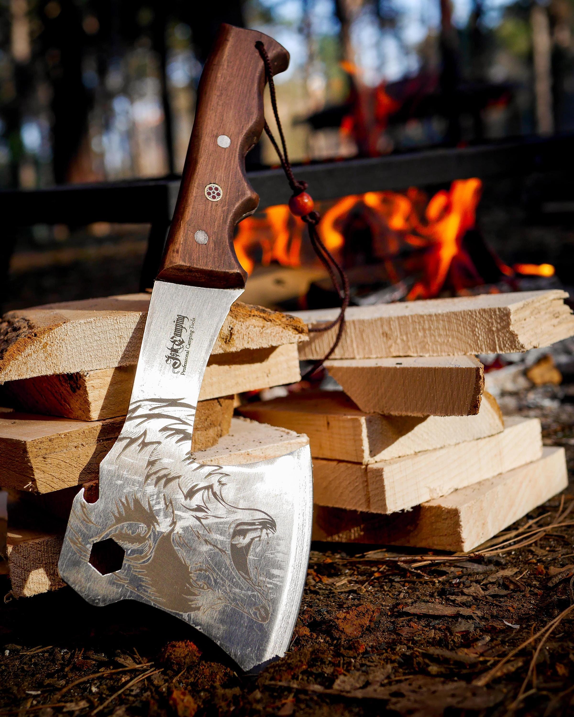 Handcrafted Wolf Engraved Camping Axe, Custom Wood Handle Hatchet ...