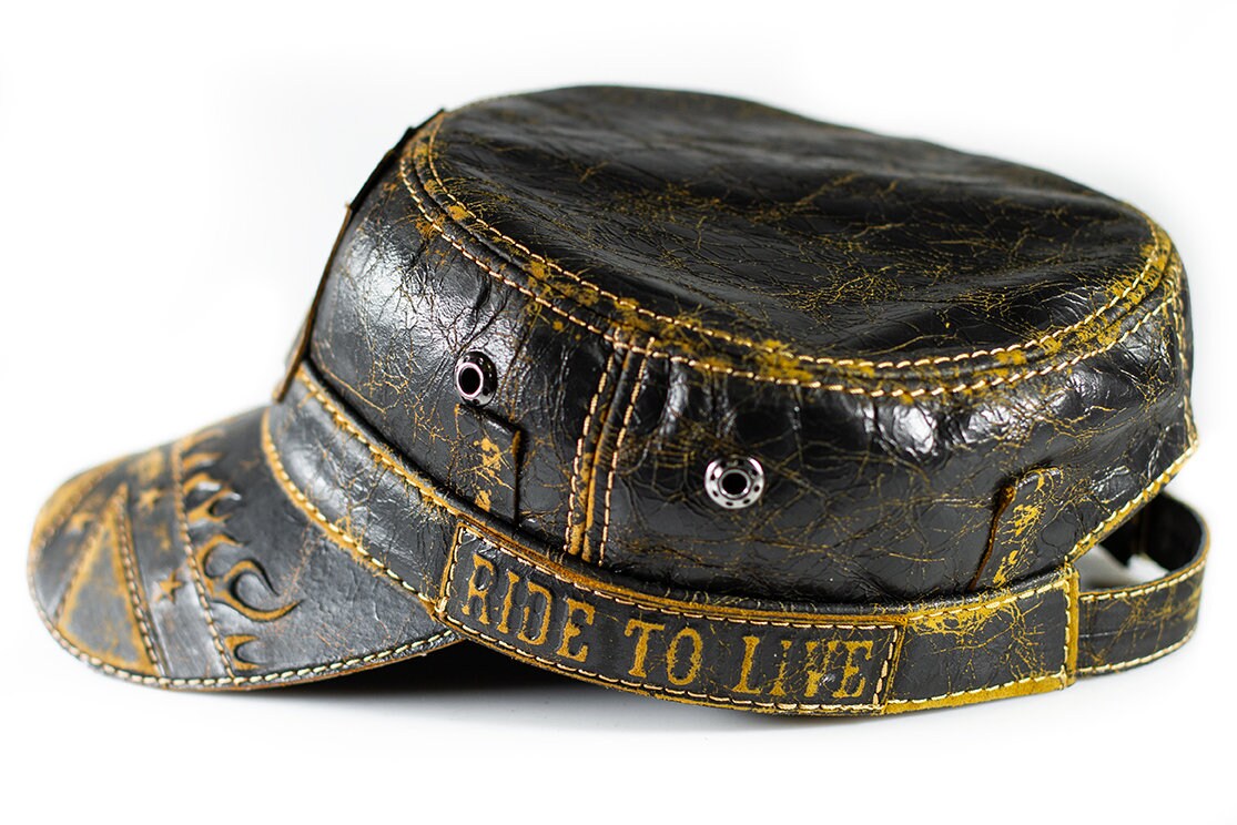 Custom Route 66 Leather Biker Hat live to Ride Handcrafted Leather ...