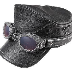 Classic Black Leather Biker Cap With Metal Eyelet and Lace-up Detailing ...