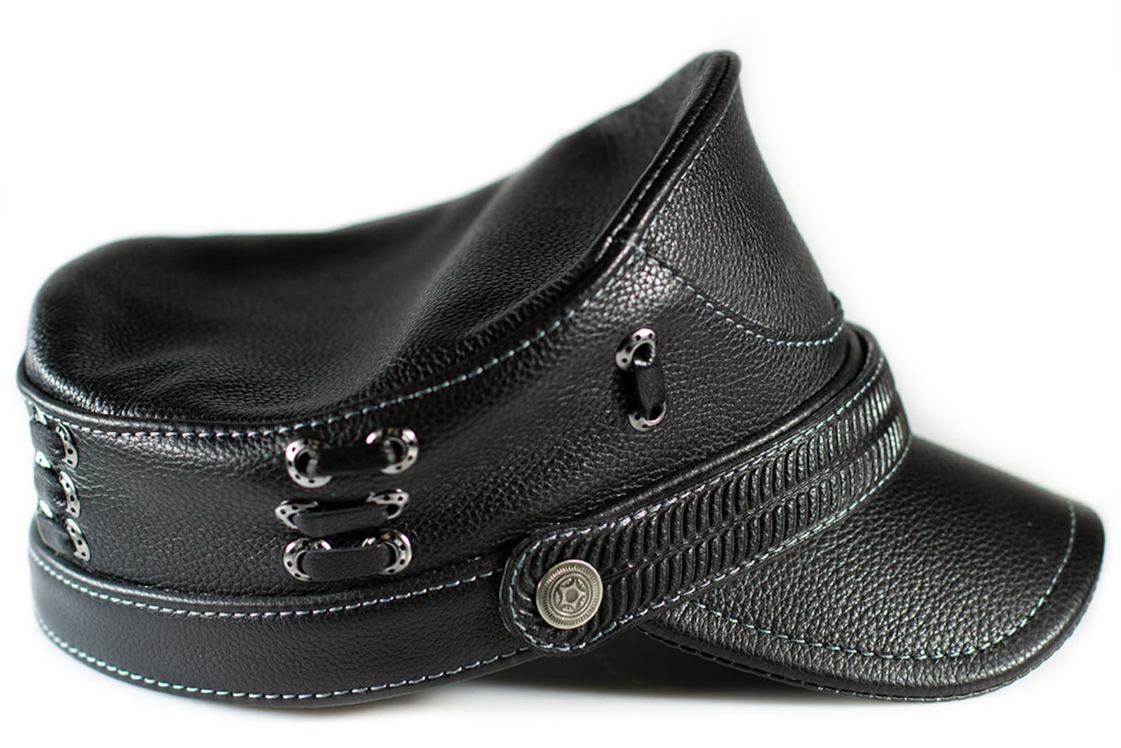 Handmade Black Leather Biker Cap: Riveted Steampunk Military Style - Etsy