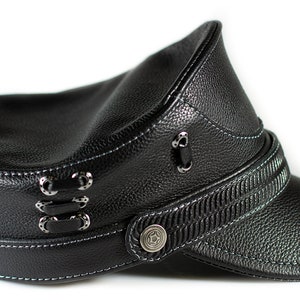 Classic Black Leather Biker Cap With Metal Eyelet and Lace-up Detailing ...