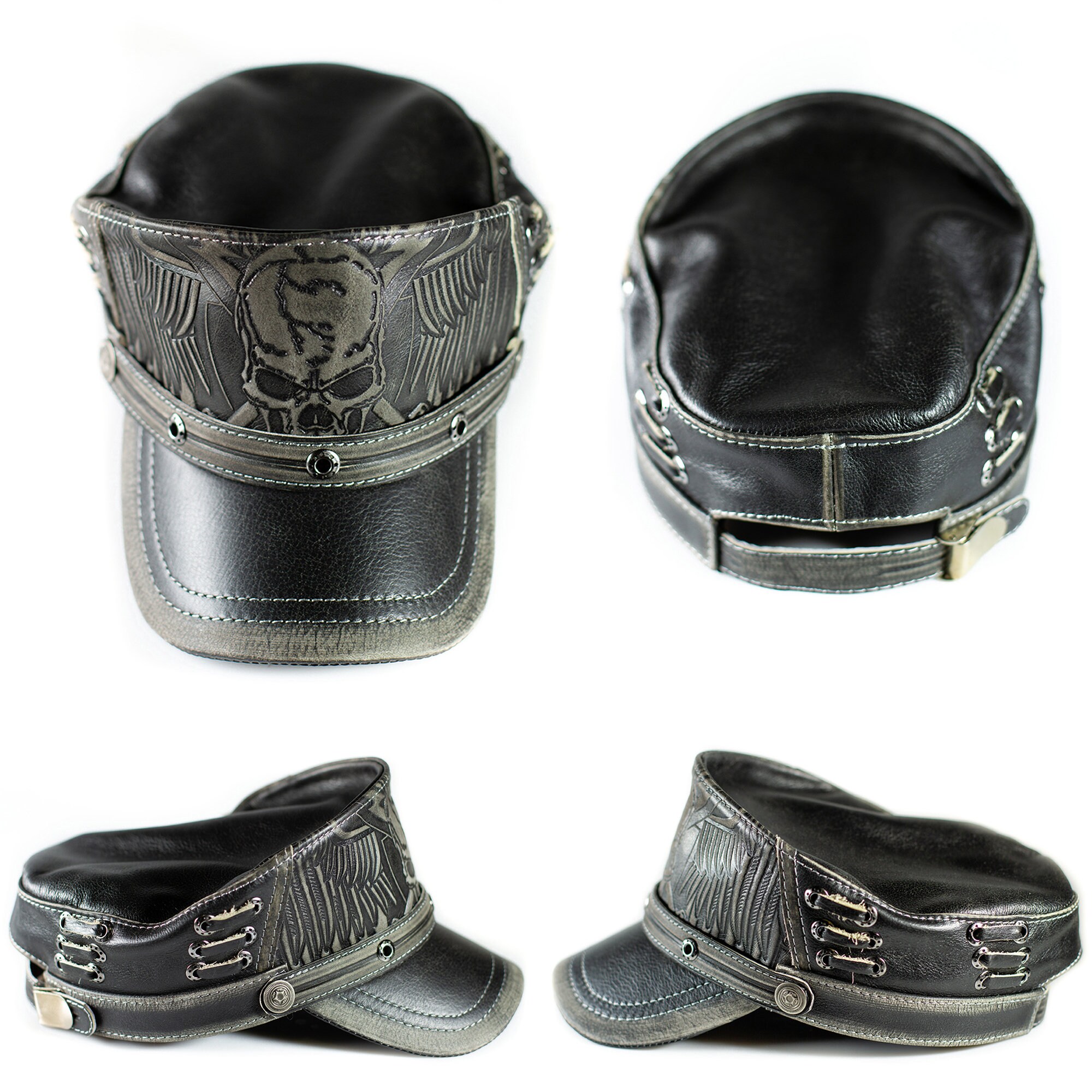 Black Leather Biker Cap: Gothic Skull & Winged Design - Etsy