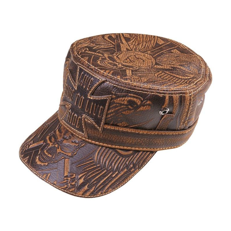 Vintage Leather Biker Cap With Embossed Skull & "live to Ride" "ride to ...