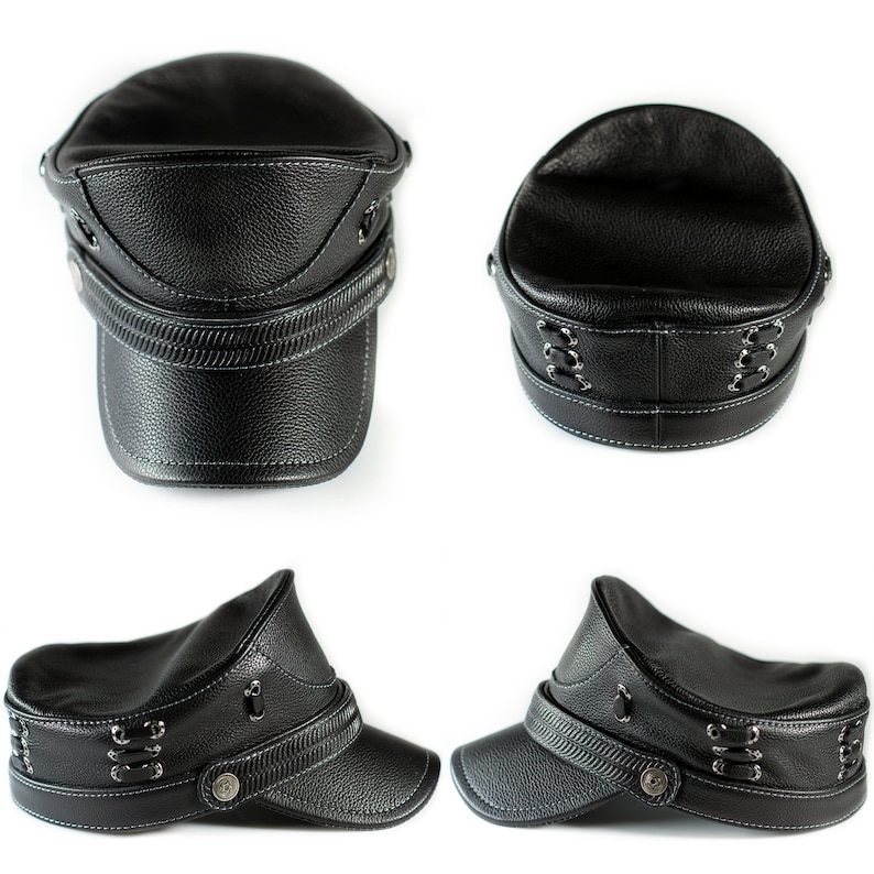 Classic Black Leather Biker Cap With Metal Eyelet and Lace-up Detailing ...