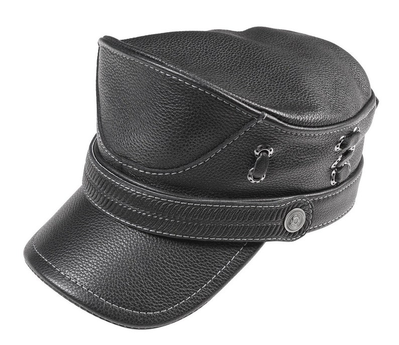 Leather Biker Hat: Handmade Black Motorcycle Cap for Men With Lace-up ...