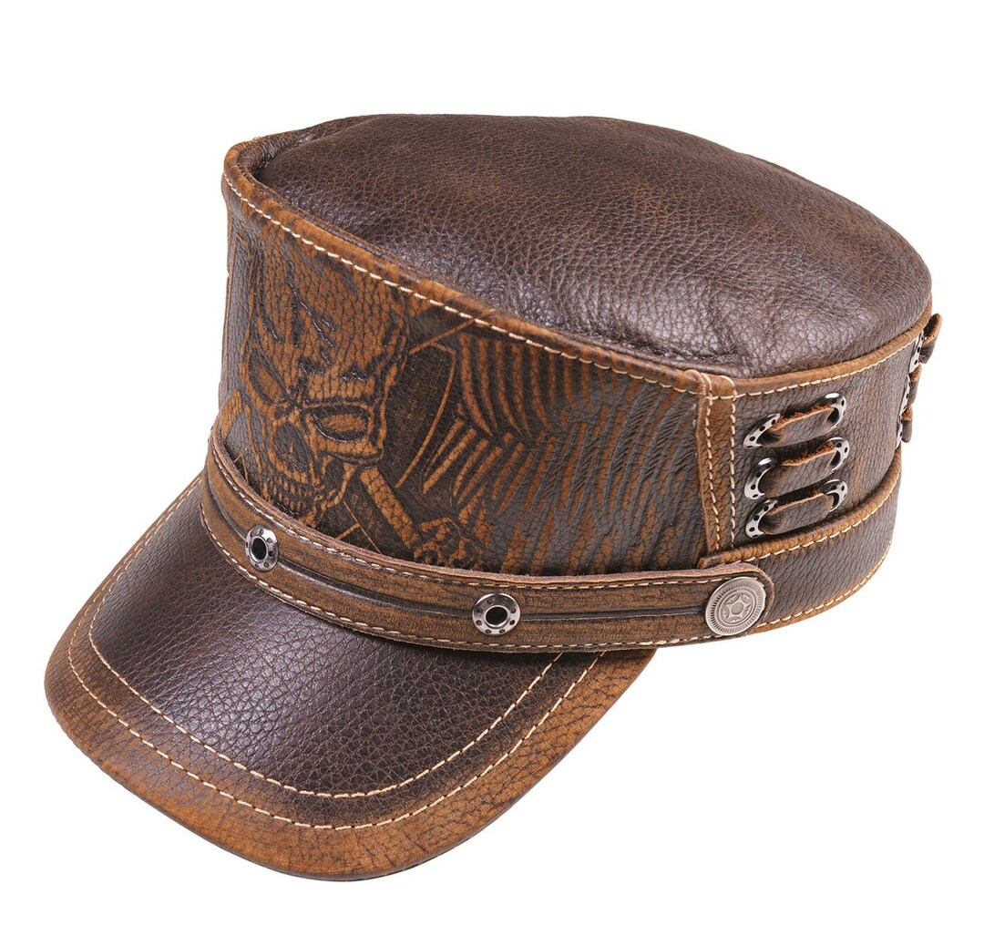 Brown Leather Biker Cap: Gothic Skull & Winged Design - Etsy