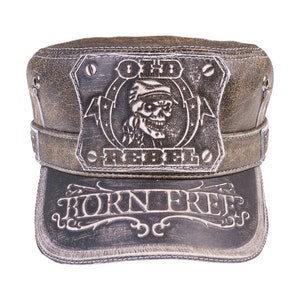 Vintage Biker old Rebel Skull Design born Free Leather Cap With Metal ...
