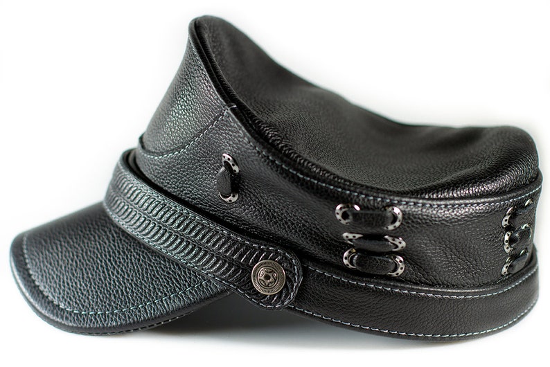 Classic Black Leather Biker Cap With Metal Eyelet and Lace-up Detailing ...