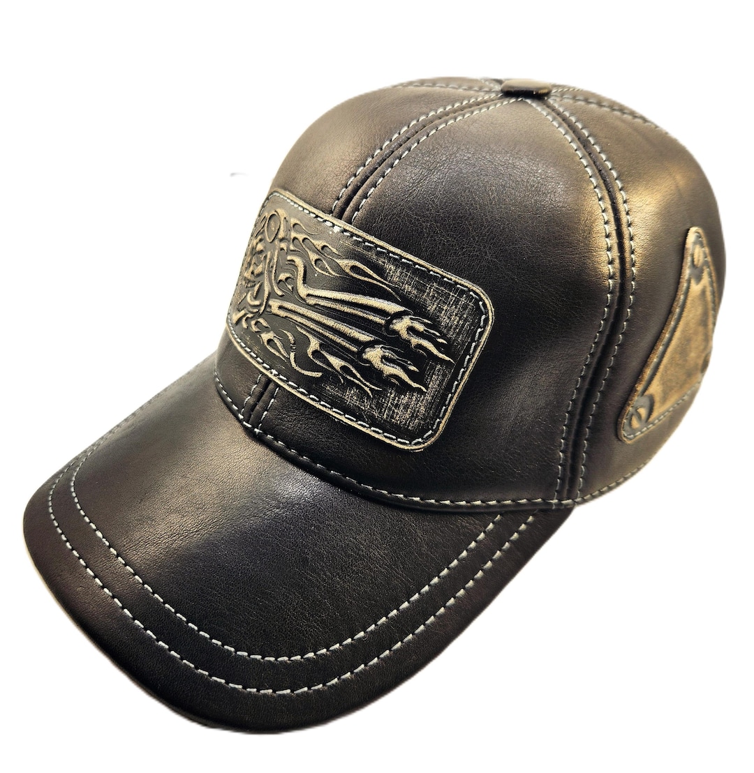 Motorcycle Skull Genuine Leather Baseball Cap - Biker Dad Gift - Etsy