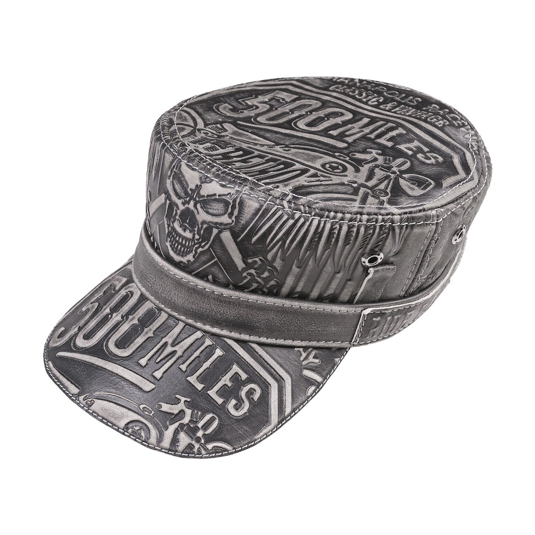 Embossed Leather Biker Cap: Vintage Racing Skull Design - Etsy
