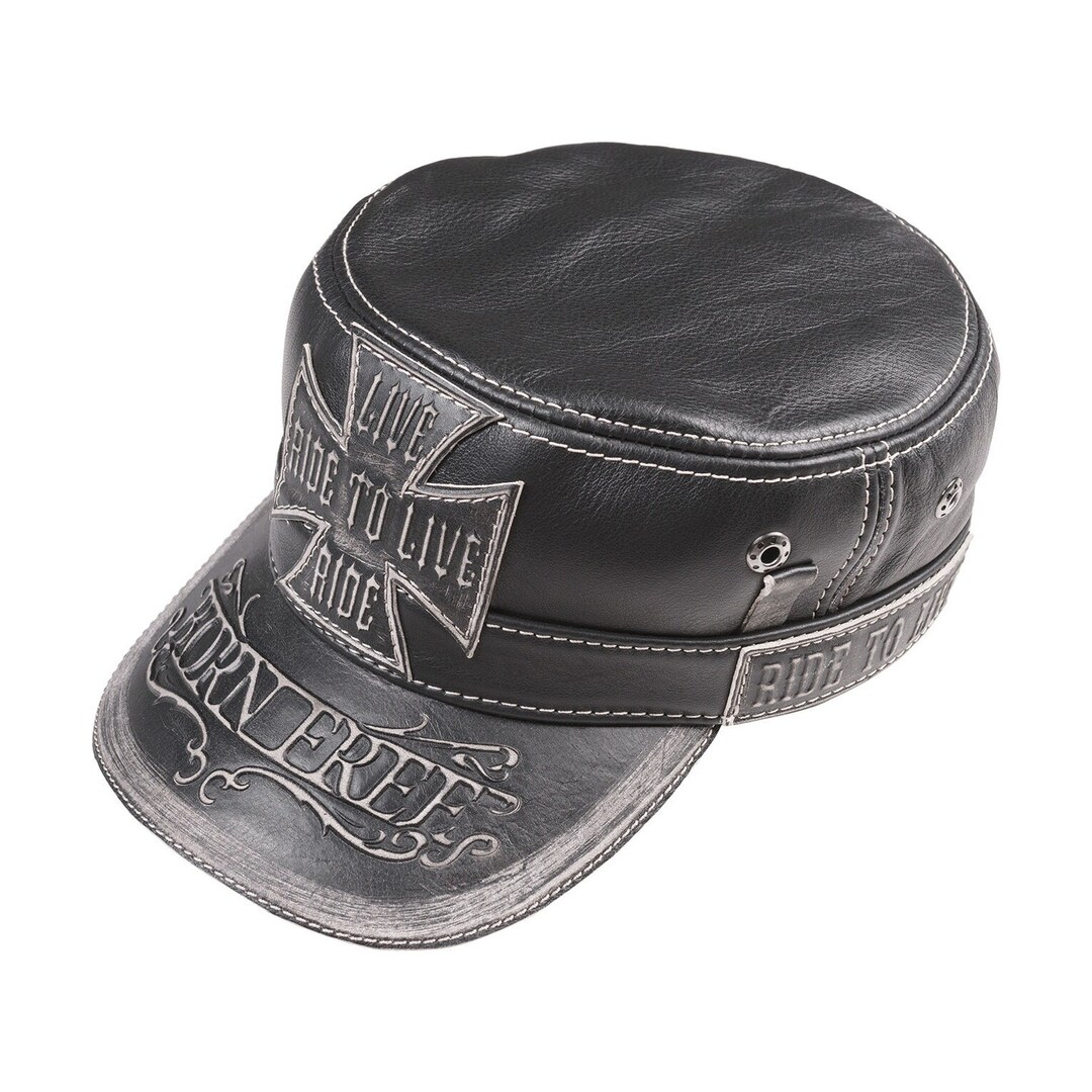 Vintage Black Leather Biker Cap - "born Free, Live to Ride" With Iron ...