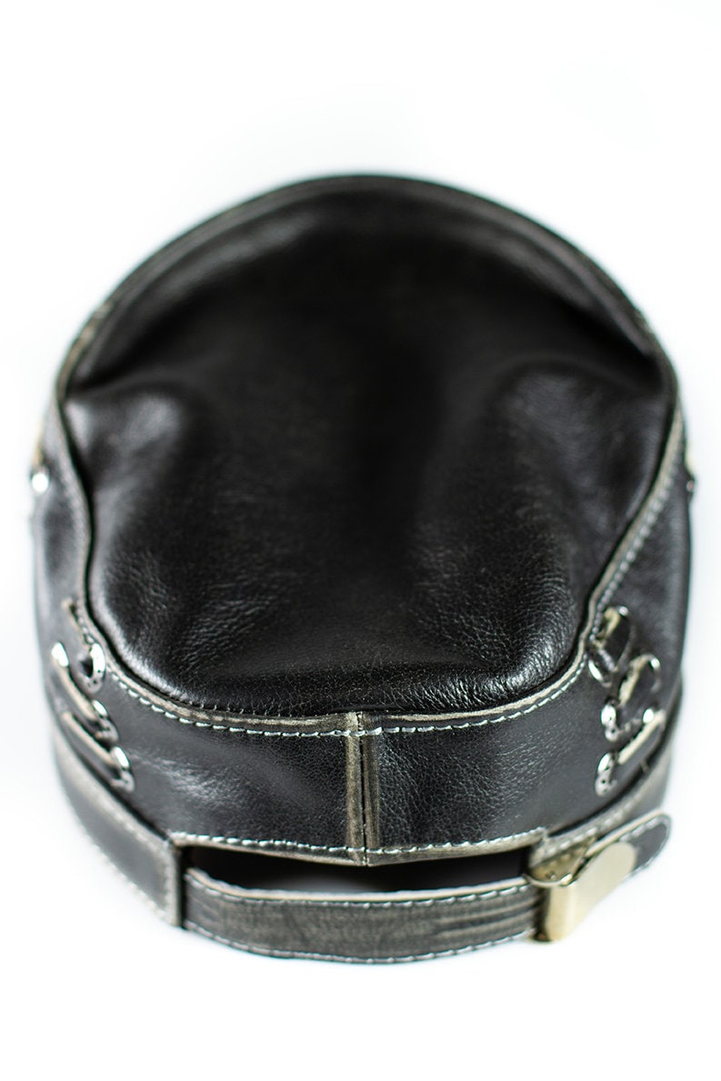 Black Leather Biker Cap: Gothic Skull & Winged Design - Etsy