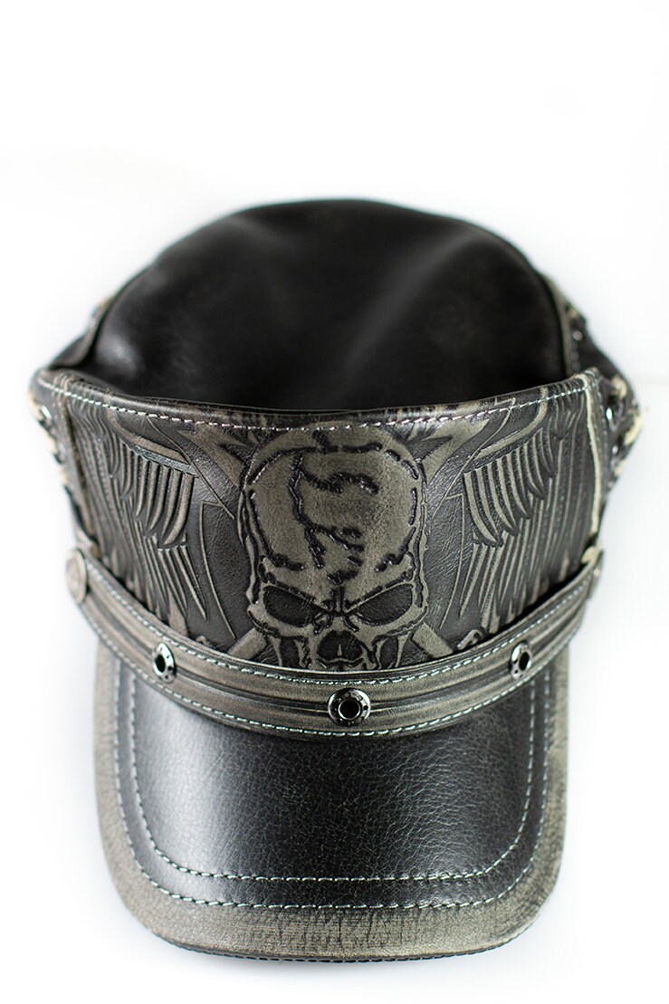 Black Leather Biker Cap: Gothic Skull & Winged Design - Etsy