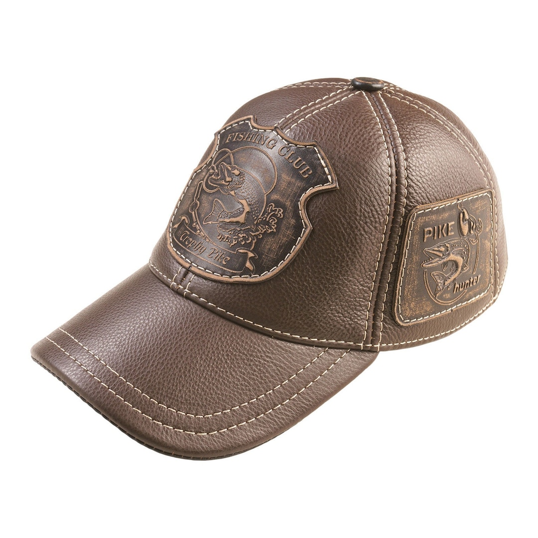 Trophy Pike Fishing Club Genuine Leather Handcrafted Brown Baseball Cap ...
