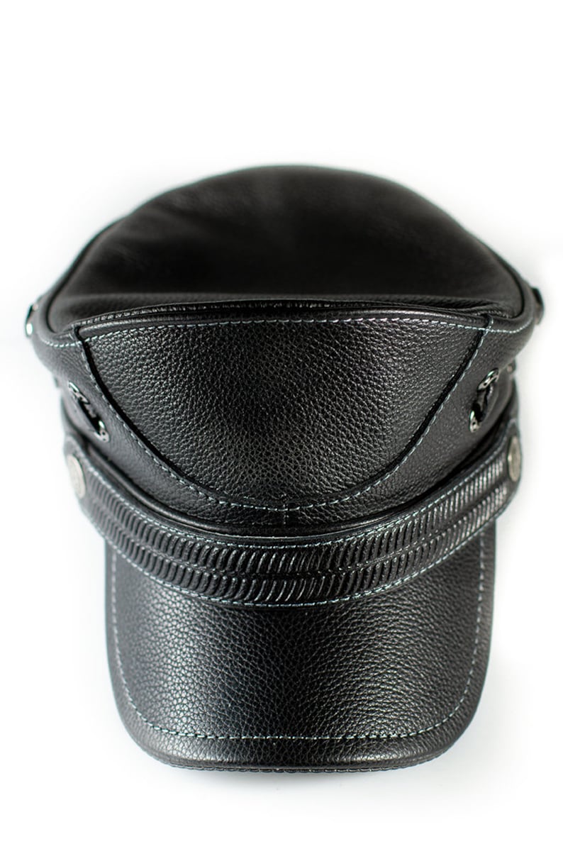 Classic Black Leather Biker Cap With Metal Eyelet and Lace-up Detailing ...