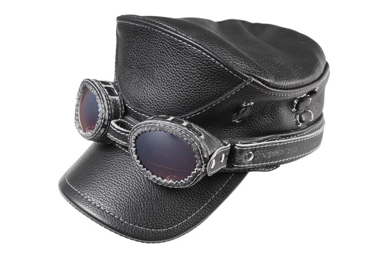 Distressed Black Leather Aviator Cap: Bronze Accent Biker Hat - Etsy