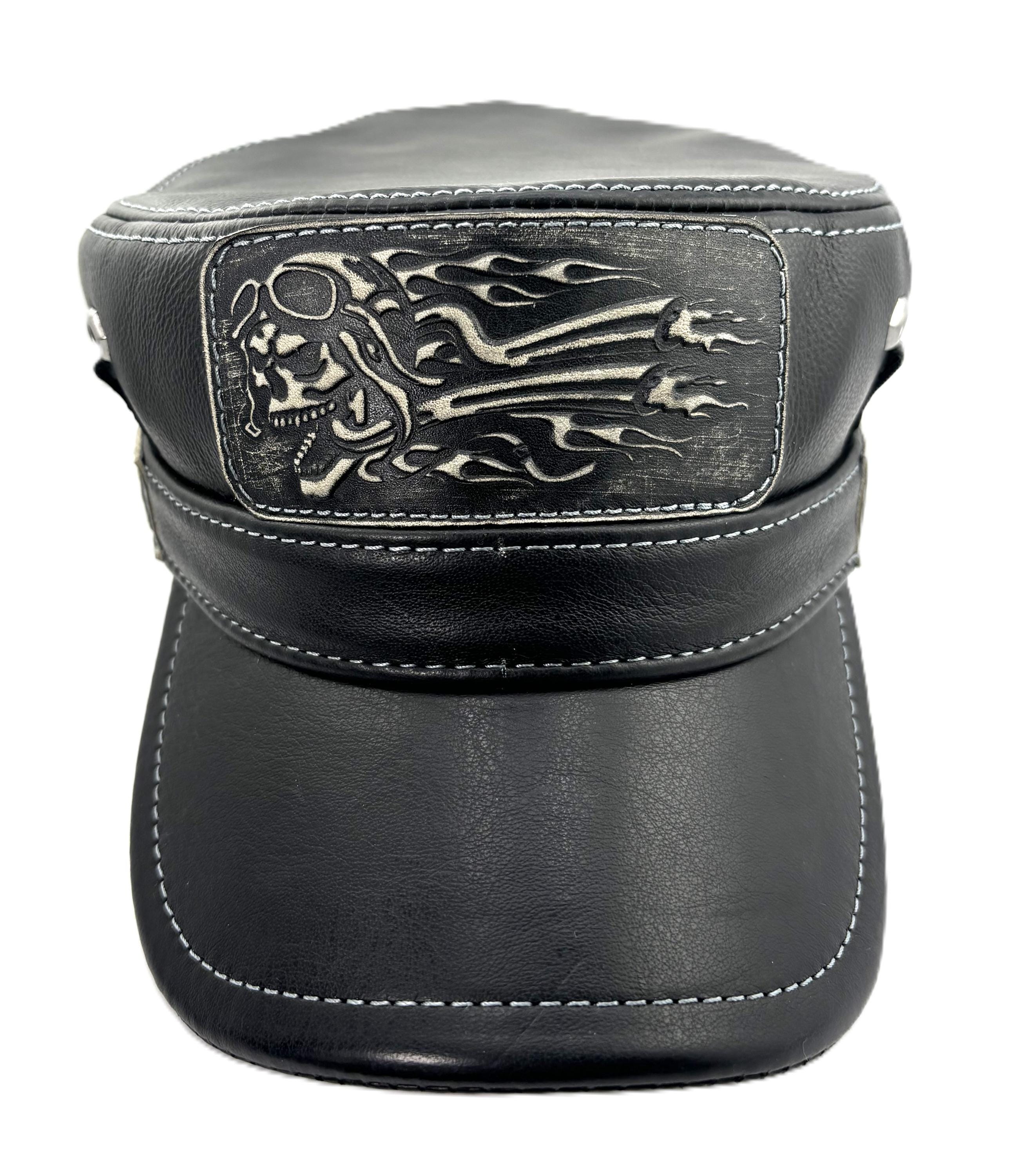 Vintage Black Leather Biker Cap: Skull & 