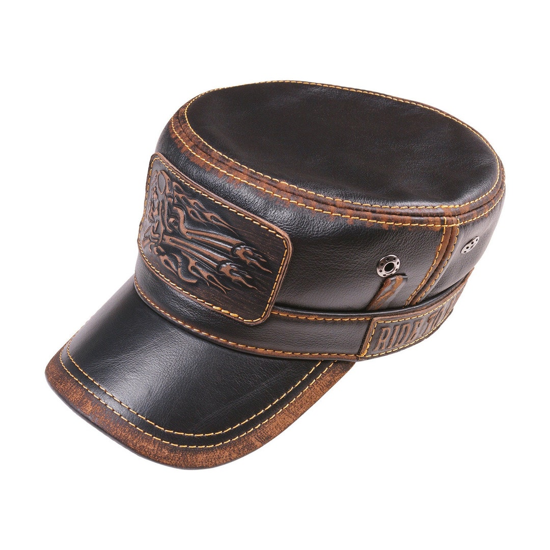Vintage Black Leather Biker Cap With Riding Skull & "live to Ride, Ride ...