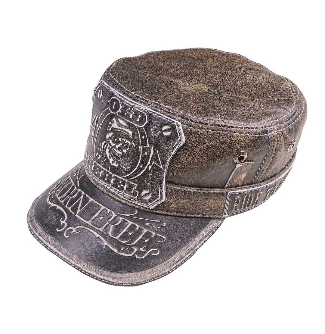 Vintage Biker old Rebel Skull Design born Free Leather Cap With Metal ...