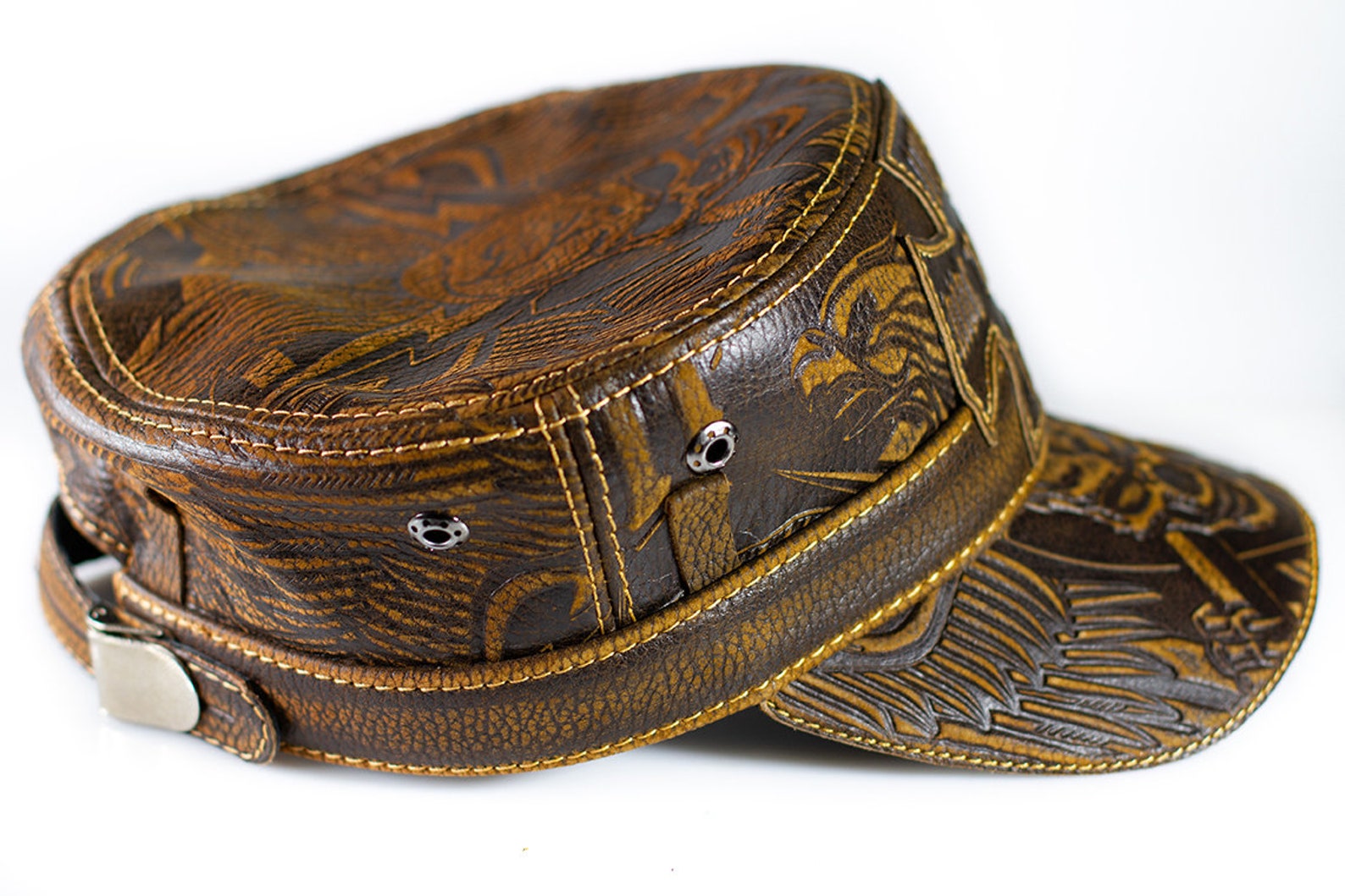 Handmade Leather Biker Cap: Embossed Skull, Wings, Crossbones - Etsy