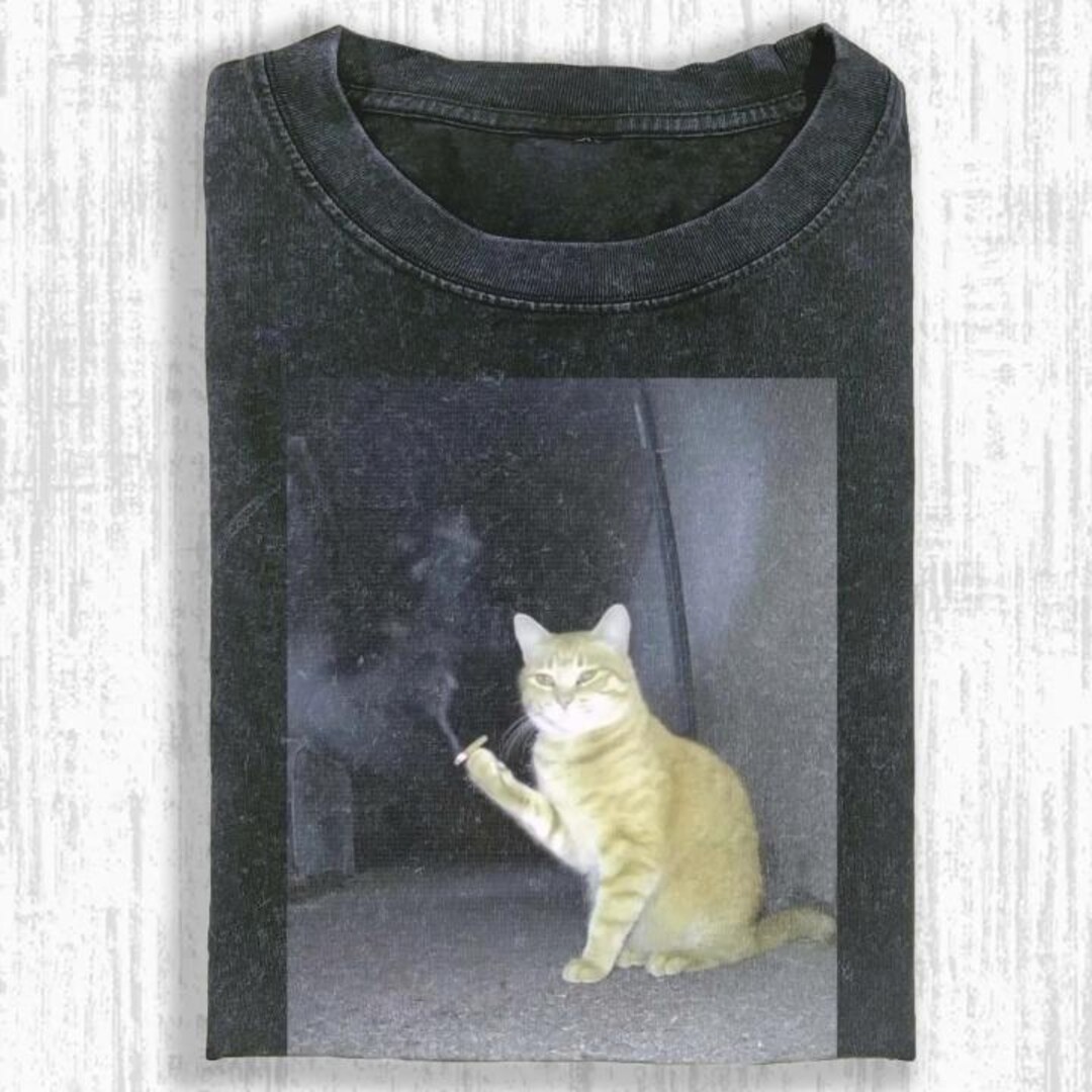 Vintage Wash Smoking Cat Shirt, Night Vision Cat Meme Tee, Funny Moody ...