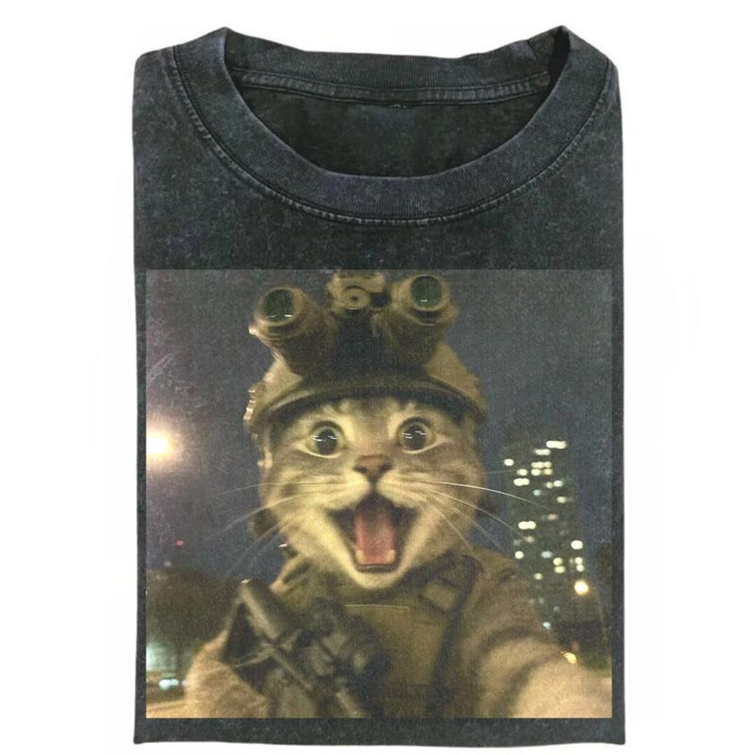 Vintage Wash Tactical Cat Meme Sweatshirt, Funny Soldier Cat Crewneck ...