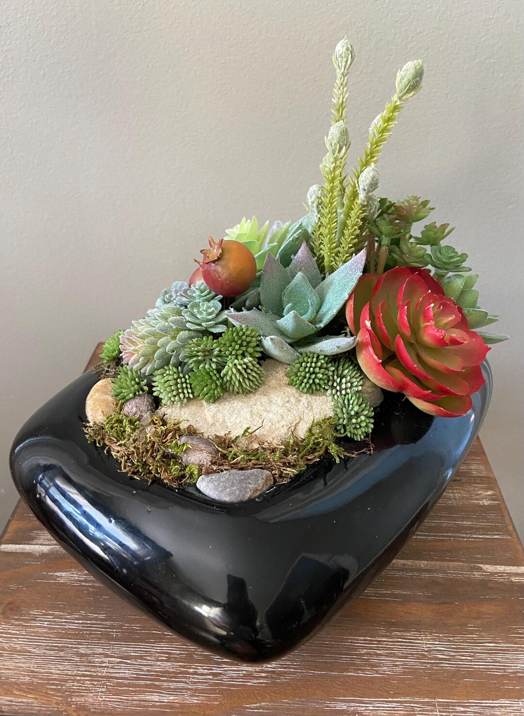 Vintage Signed Dalvo Modern Black Vase With Faux Succulents in Green ...