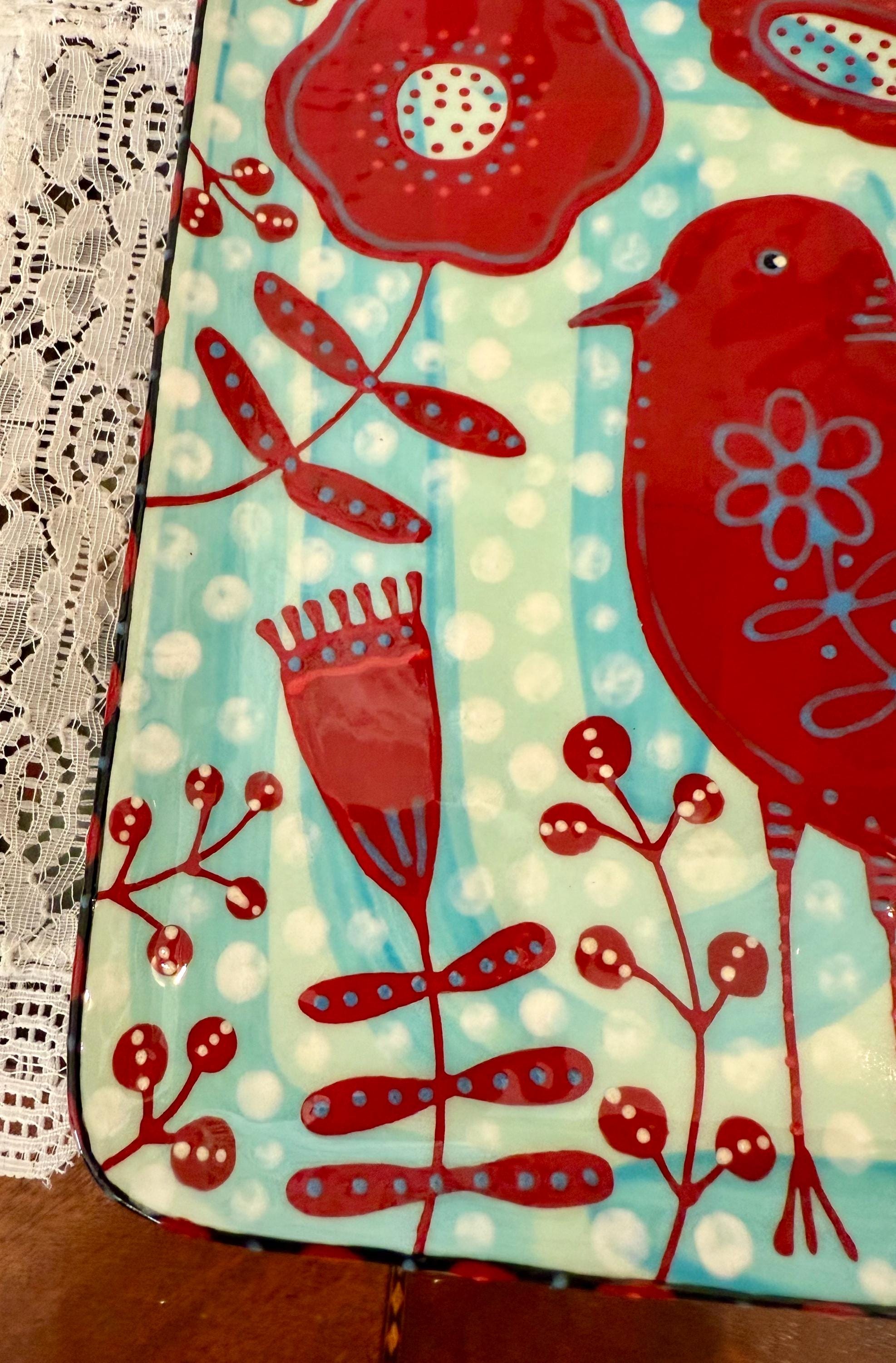 Ceramic Hand Painted Folk Art Bird and Flower Tray by Sharon Bloom ...