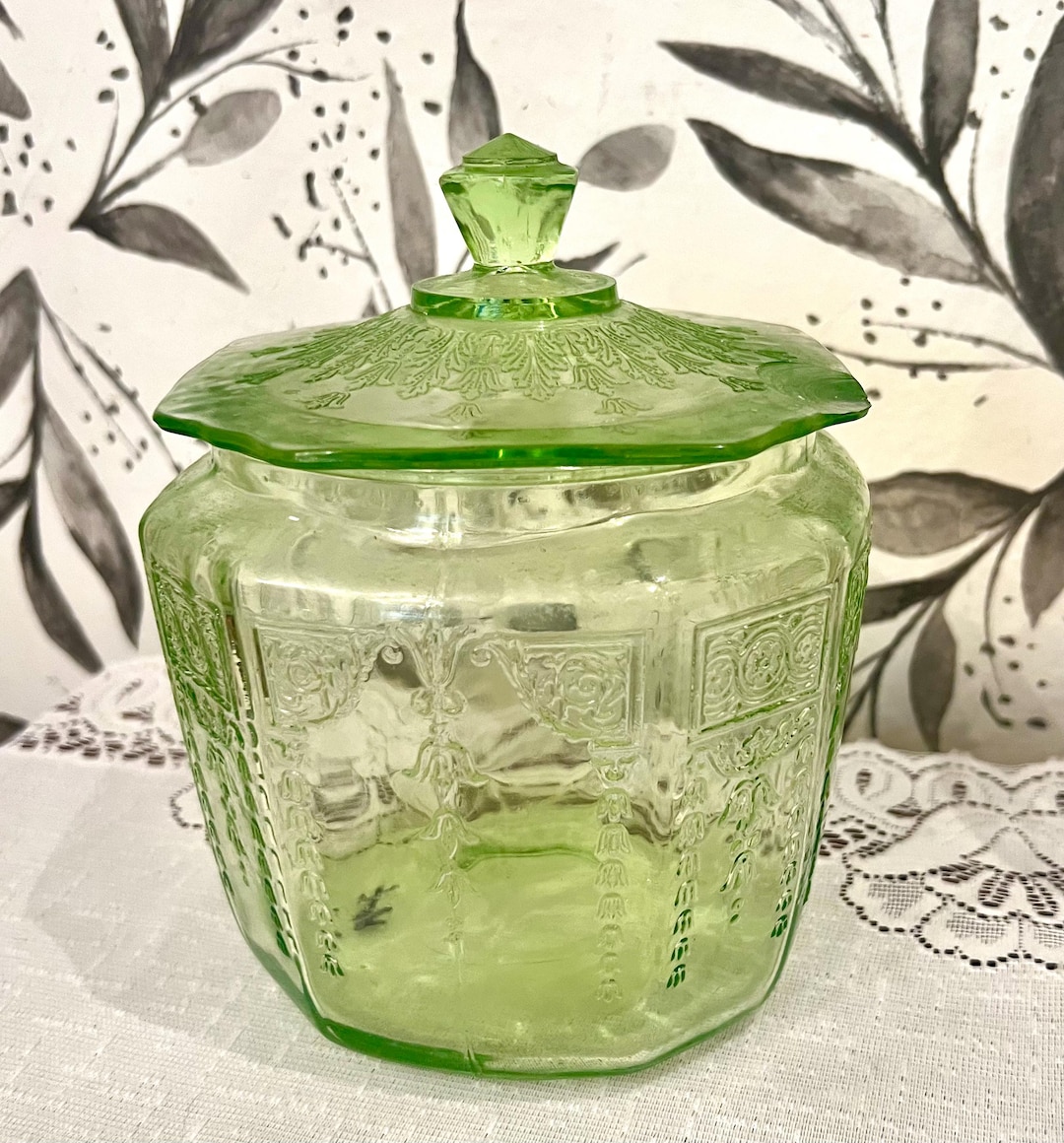 Uranium Green Depression Glass Cookie Jar Princess Pattern - Etsy