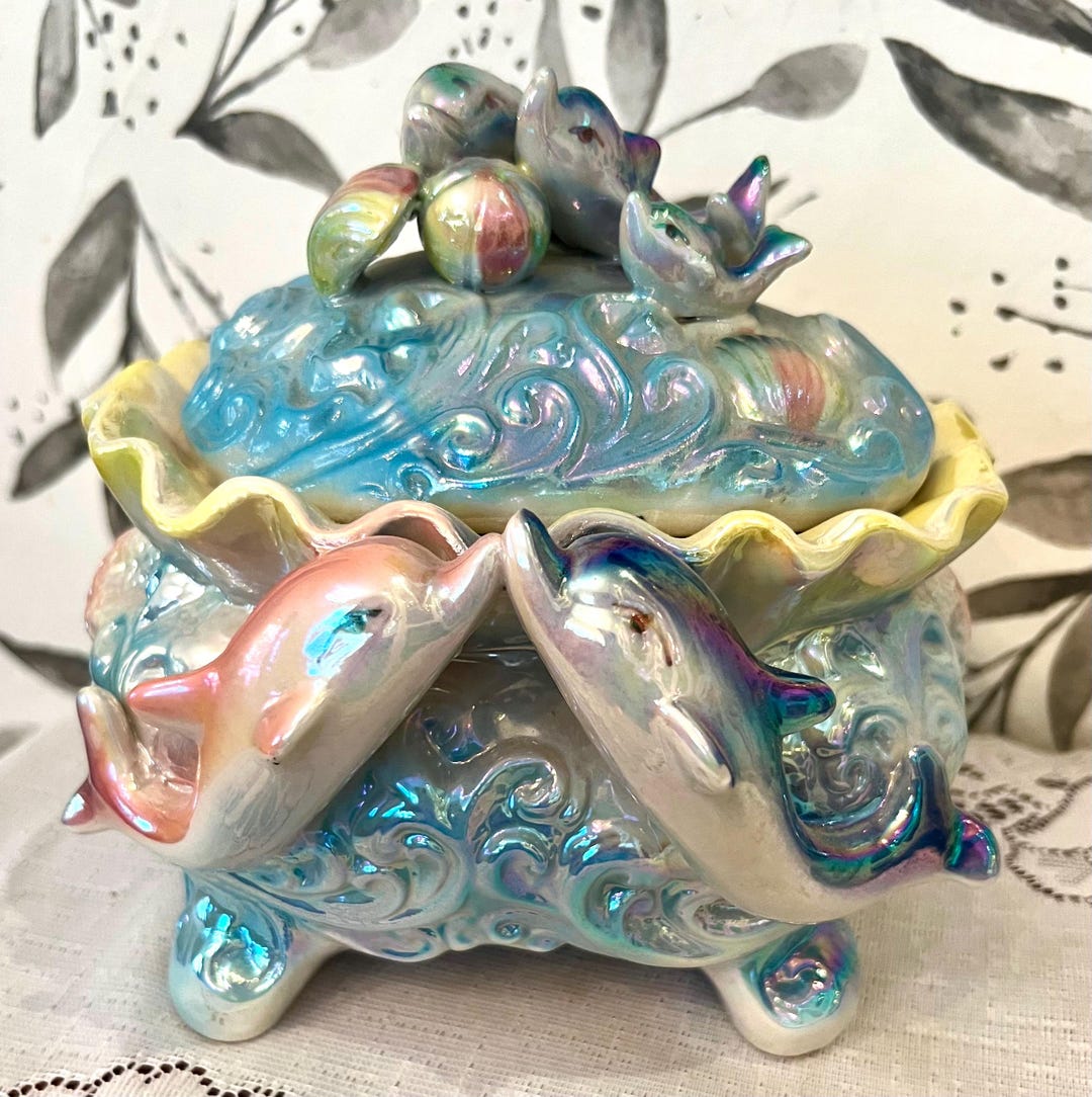 Vintage Ceramic Lusterware Mother of Pearl Dolphin Jar With Lid, China ...