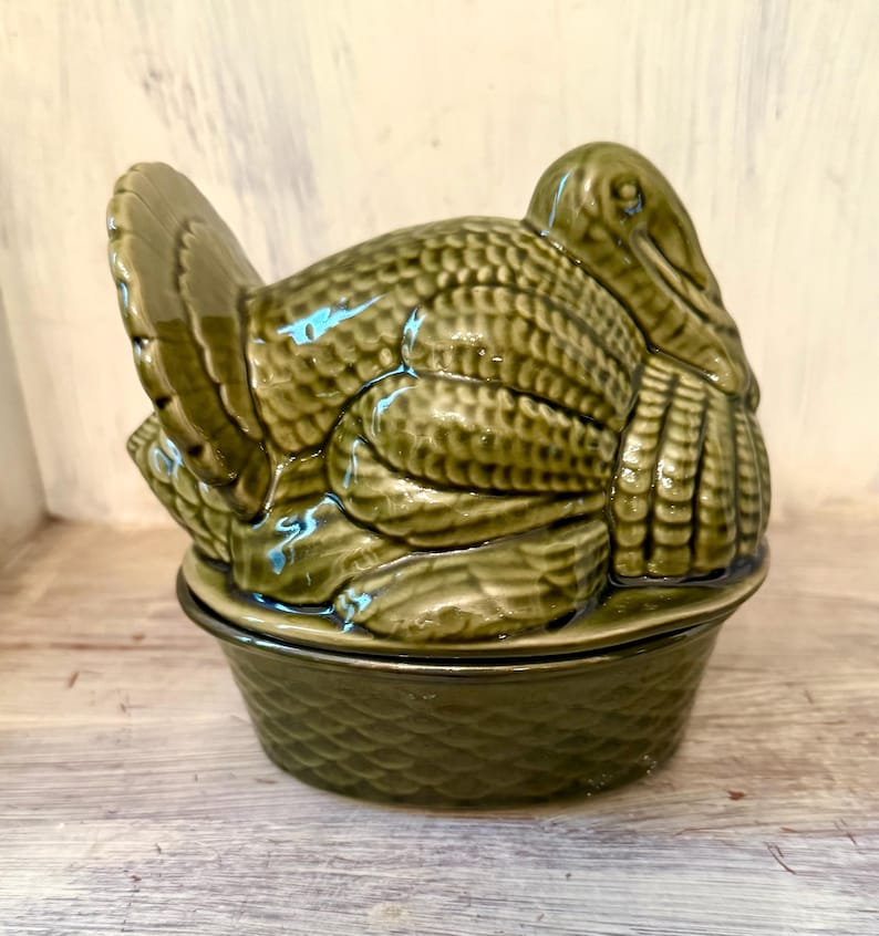Vintage Ceramic Turkey Covered Dish Green/ Thanksgiving/ Fall - Etsy