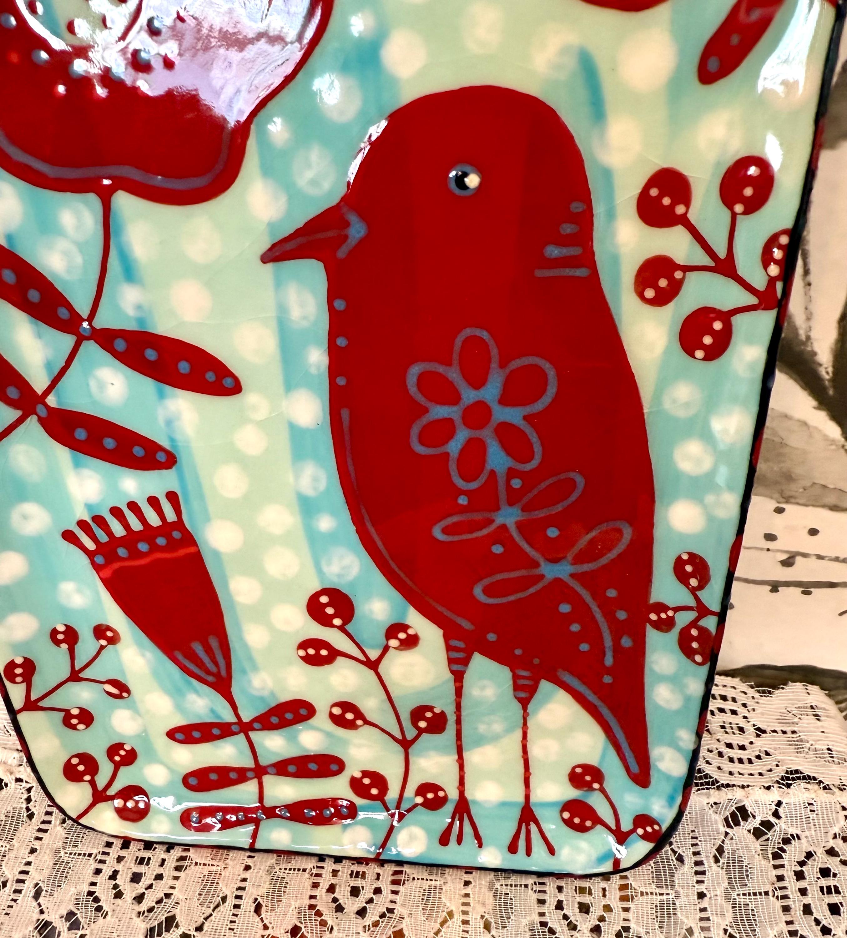 Ceramic Hand Painted Folk Art Bird and Flower Tray by Sharon Bloom ...