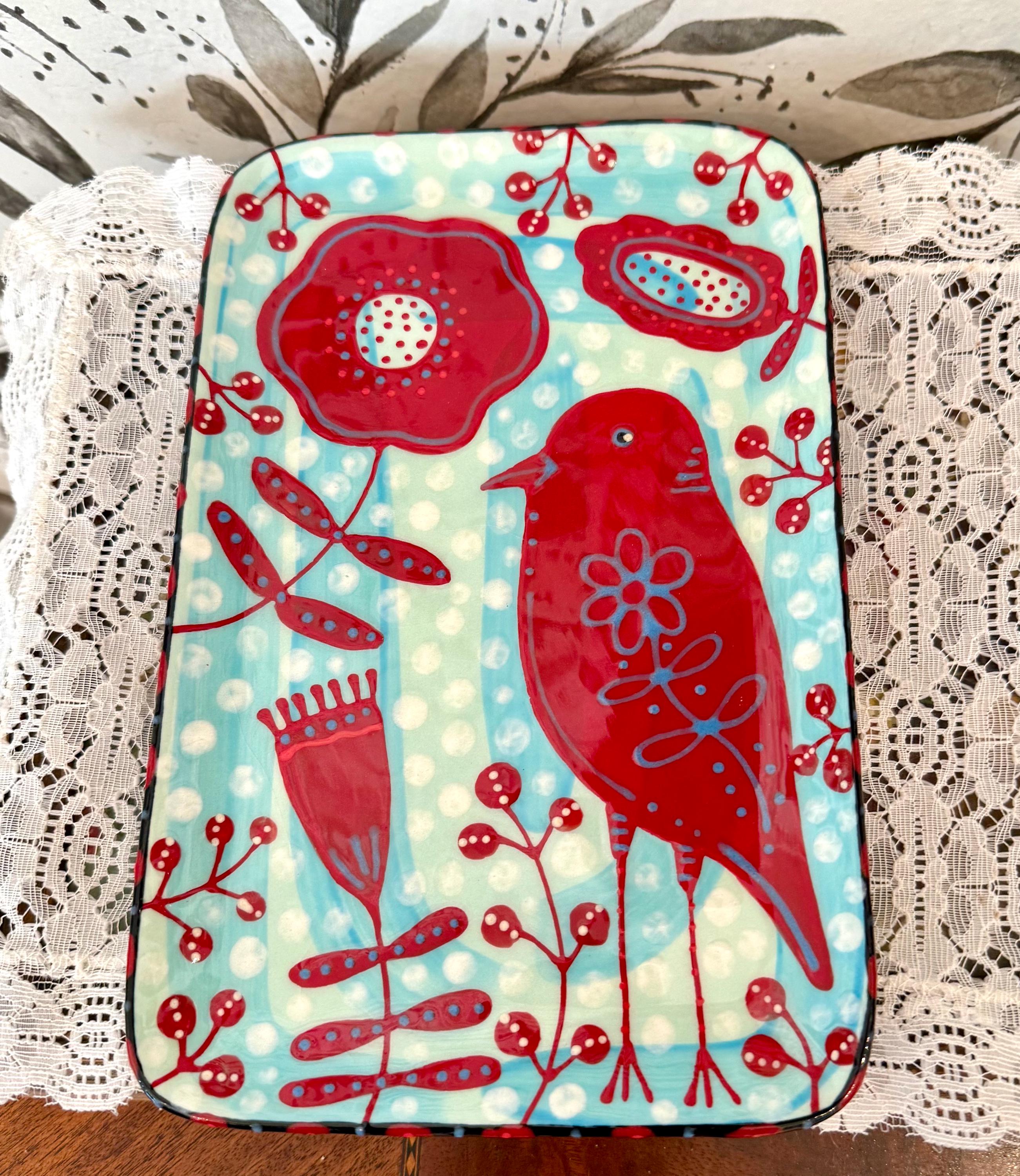Ceramic Hand Painted Folk Art Bird and Flower Tray by Sharon Bloom ...