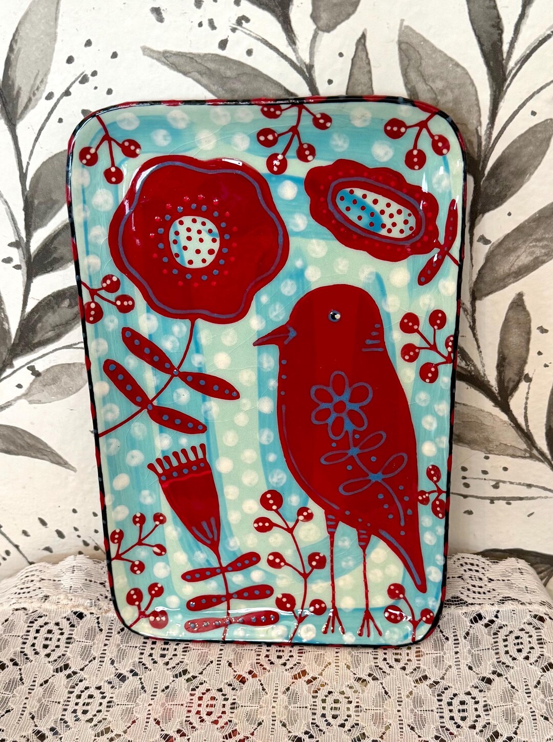 Ceramic Hand Painted Folk Art Bird and Flower Tray by Sharon Bloom ...
